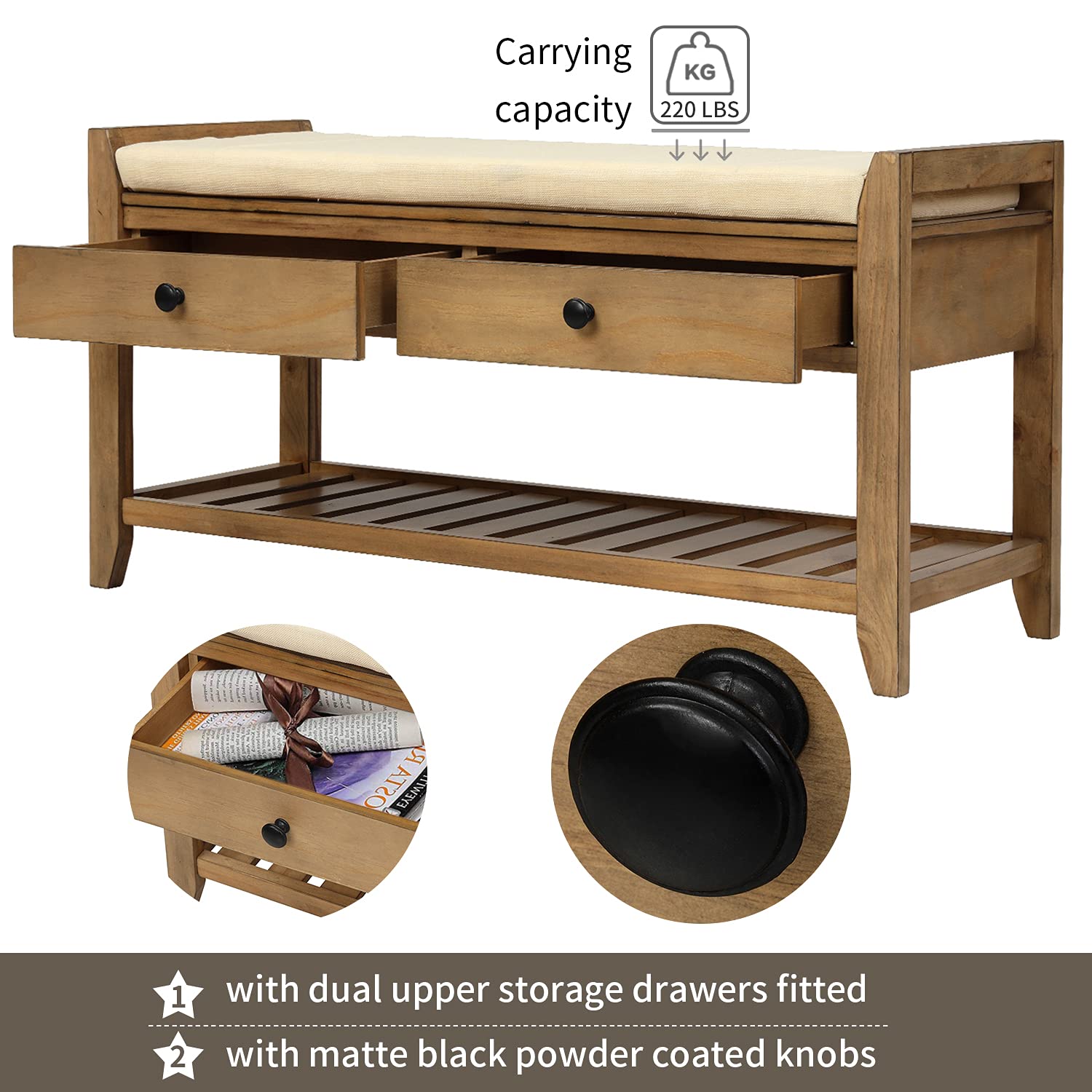 FRANSOUL Shoe Cushioned Seat and Drawers, Multipurpose Storage Bench for Entryway/Dining Living Room,Khaki