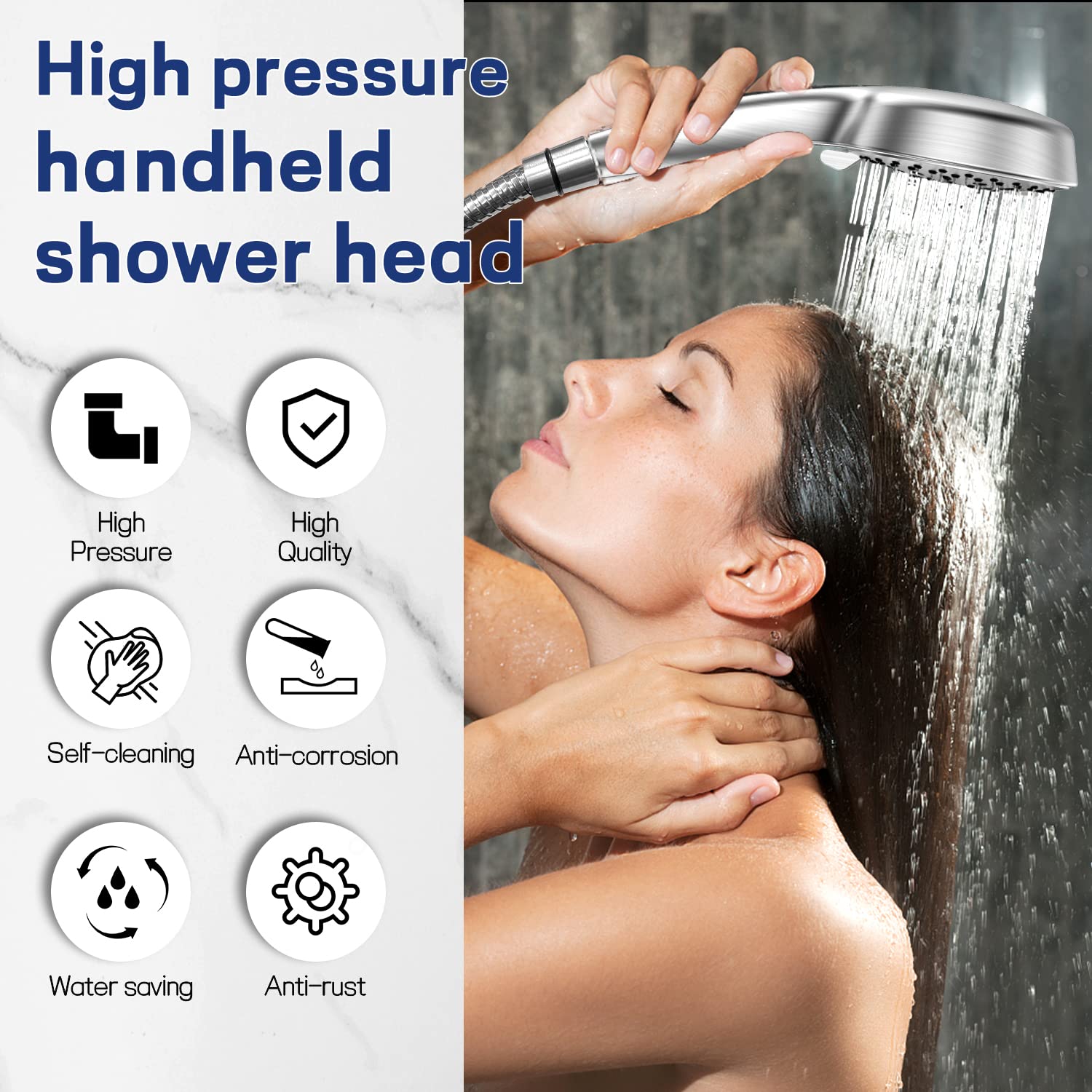 High Pressure Handheld Shower Head 11 Spray Settings, 4.85 inch Pause Switch Water Saving Shower Head, Removable High Flow Bathroom Showerhead with Long Hose and Adjustable Bracket(Chrome)