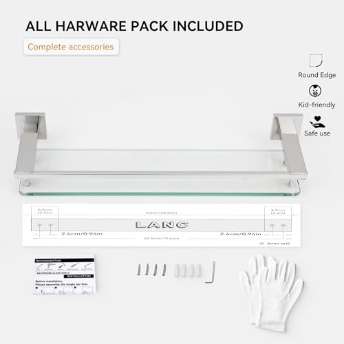 LANC Chrome Bathroom Shelf Glass Shelves 20-Inch Floating Tempered Glass Shelf Rectangular Stainless Steel Wall Mounted Silver Polished Shelves for Bathroom Kitchen Organizers Accessories,A7613CP