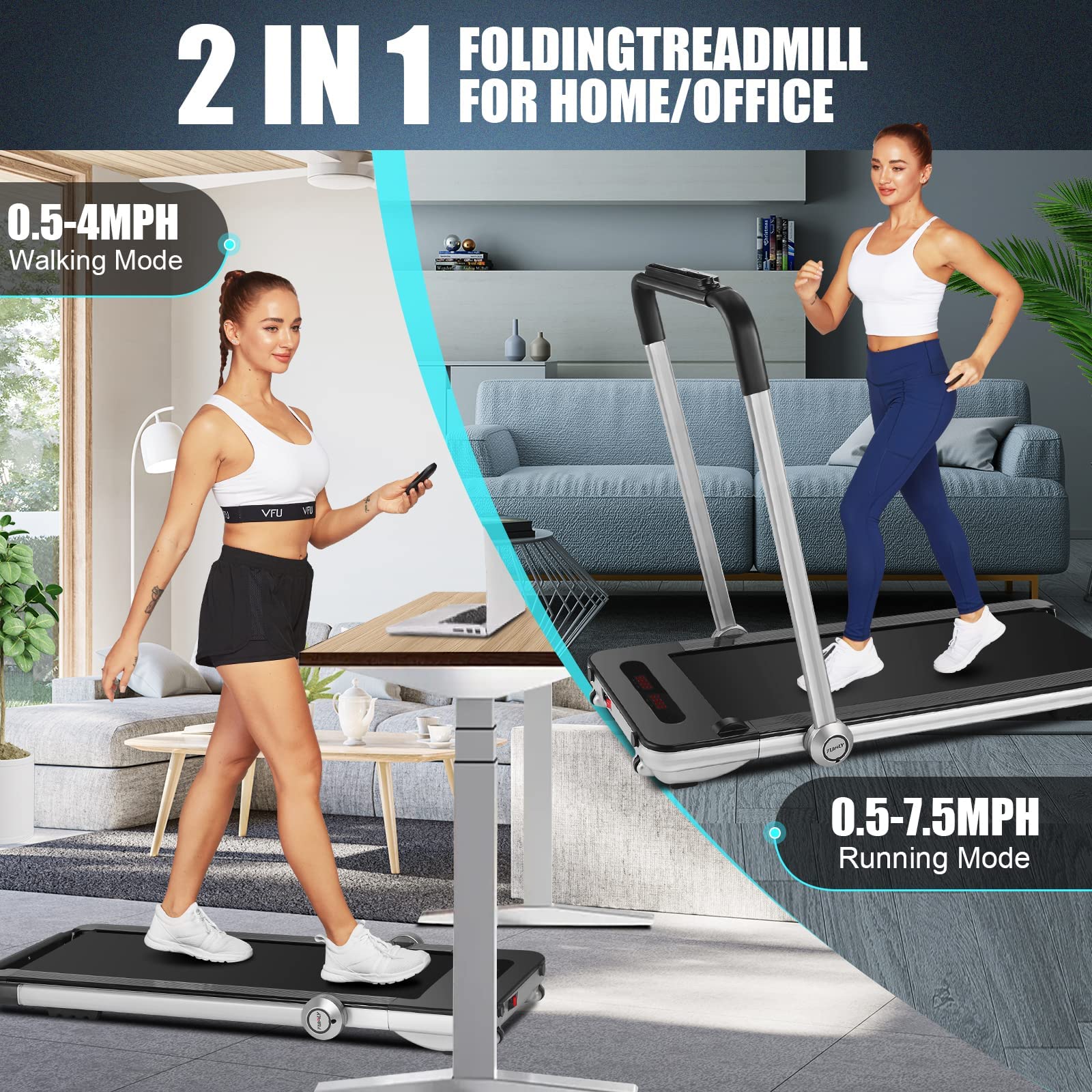 FUNMILY 2 in 1 Under Desk Treadmill, Folding Electric Treadmill with Remote Control,12 Preset Programs, and LED Display Compact Treadmill Walking Pad Running Machine for Home Office Small Space Black