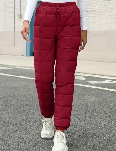 Gihuo Snow Pants Womens Winter Windproof Down Pants Warm Outdoor Ski Pants Padded Loose Ultralight Warm Trousers(Wine-S)
