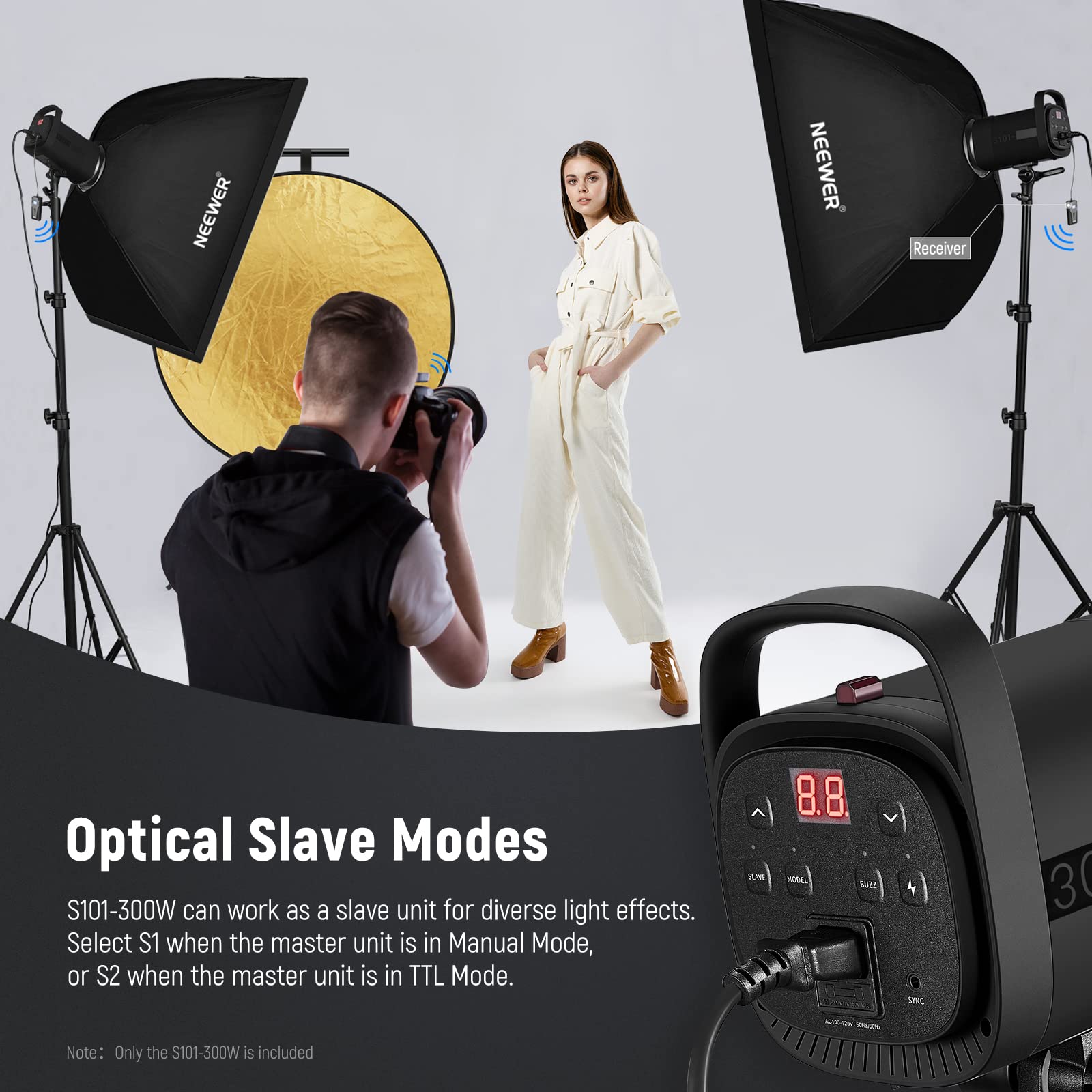 NEEWER Upgraded S101-300W Studio Monolight Strobe Flash 300W 5600K All Metal with Optical Slave Mode, Adjustable Brightness/Modeling Lamp/Bowens Mount/Silent Fan for Product Portrait Photography