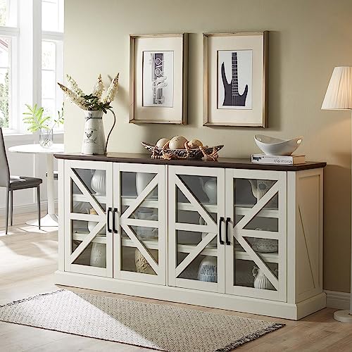 SinCiDo Farmhouse Buffet Cabinet with Storage, 70" Wood Sideboard Storage Cabinet w/4 Glass Barn Doors & Adjustable Shelf, Bar Cabinet for Kitchen, Dining Room, Hallway, White