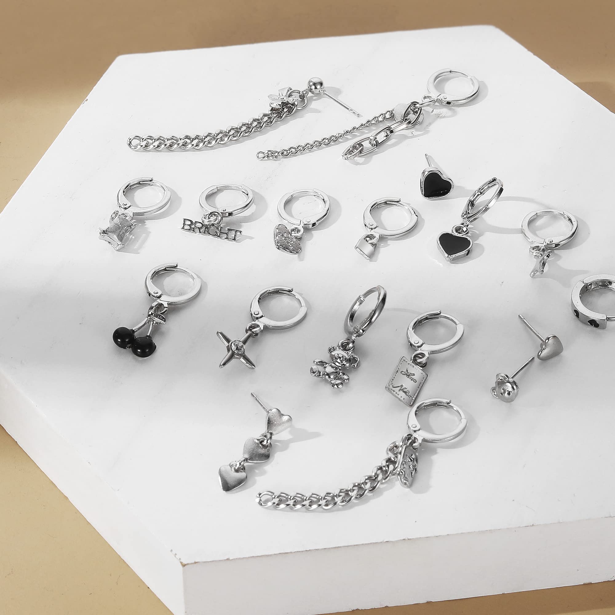 IFKM 18pcs Silver Stud Hoop Earrings Set for Women Hypoallergenic Drop Dangle Earrings Cute Heart Star Bear Mini Small Piercing Jewelry