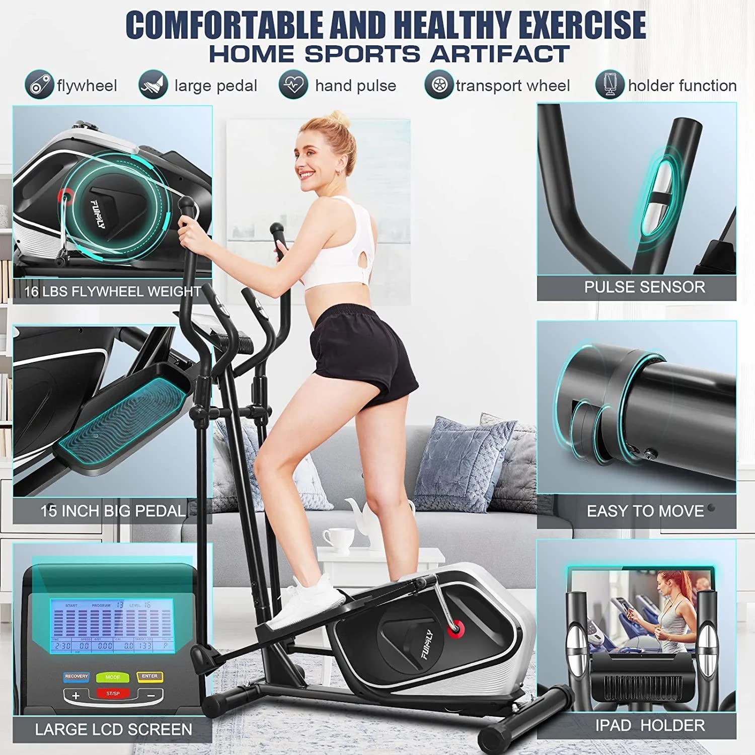 FUNMILY Electric Elliptical Trainers, Elliptical Machine Trainer for Home Use, 16 Levels Resistance, 13 Workout Programs, 390 LB Weight Elliptical Exercise Machine