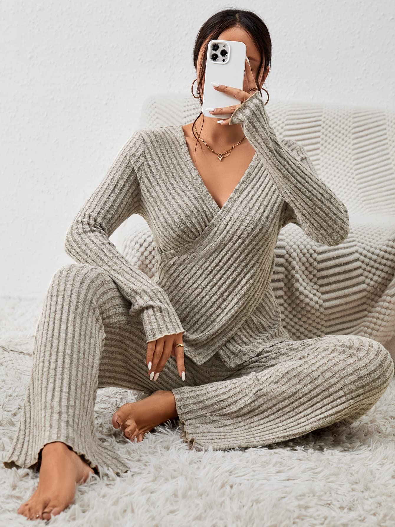 GORGLITTER Women's 2 Piece Outfits Wrap V Neck Long Sleeve Top & Pants Tracksuits Apricot X-Small