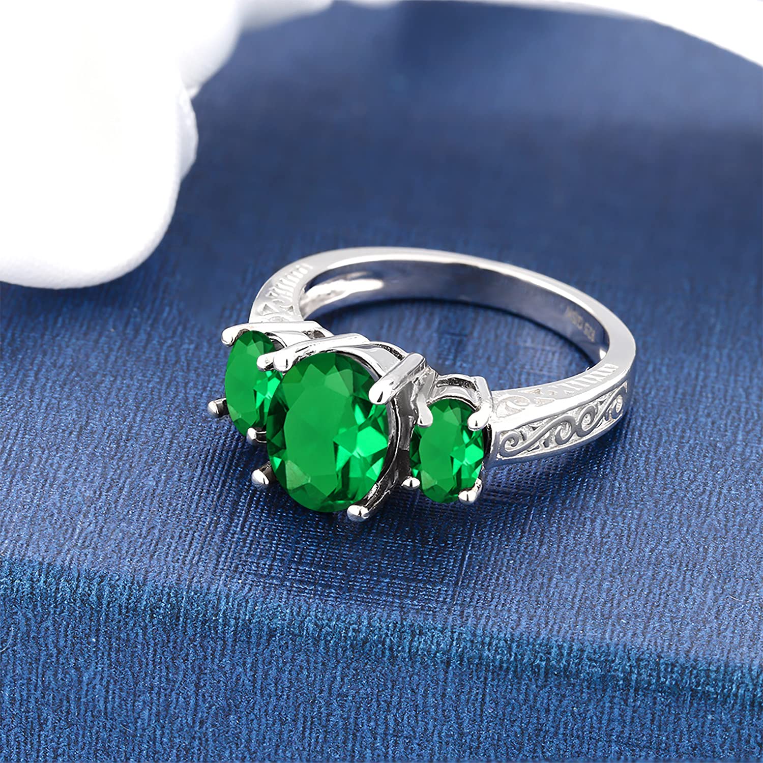 Gem Stone King 925 Sterling Silver Green Nano Emerald 3-Stone Ring For Women (3.10 Cttw, Available in size 5, 6, 7, 8, 9)