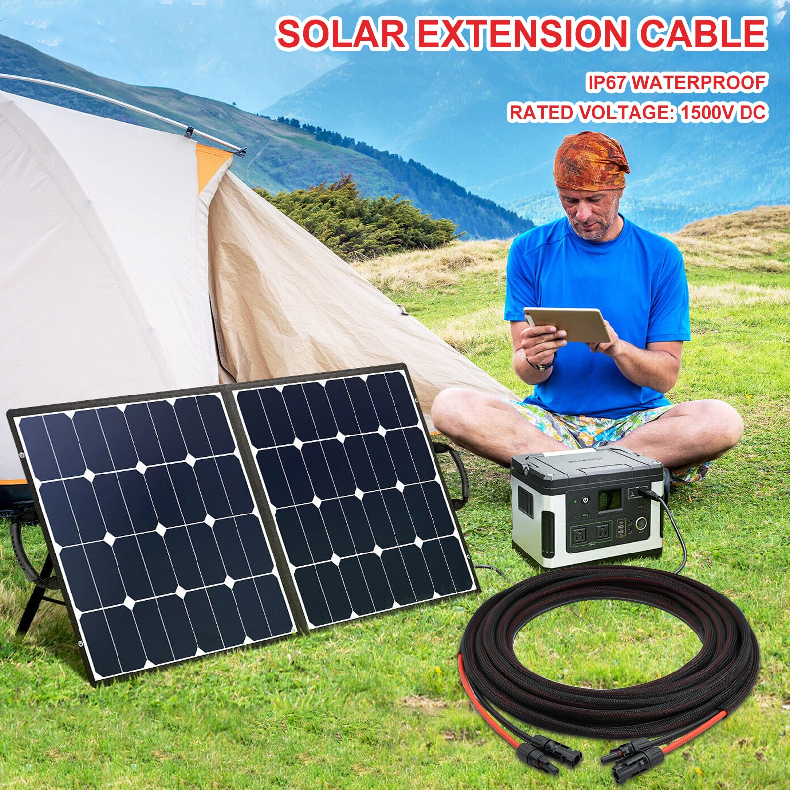 Feotech Twin Wire 75FT Solar Extension Cable - 10AWG(6mm²) Solar Panel Connector, with 6 Pairs-IP67-Male/Female Solar connectors for Outdoor Automotive RV Boat Marine Solar Panel- Black & Red