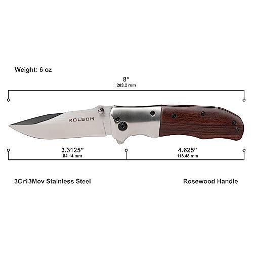 Rolsch - Wood handled Pocket Knife - Spring Assisted Folding Knife β Stainless Steel Blade and Rosewood Handle with Pocket Clip - Great Folding Knife for Hunting, Camping, Survival, Tactical, EDC
