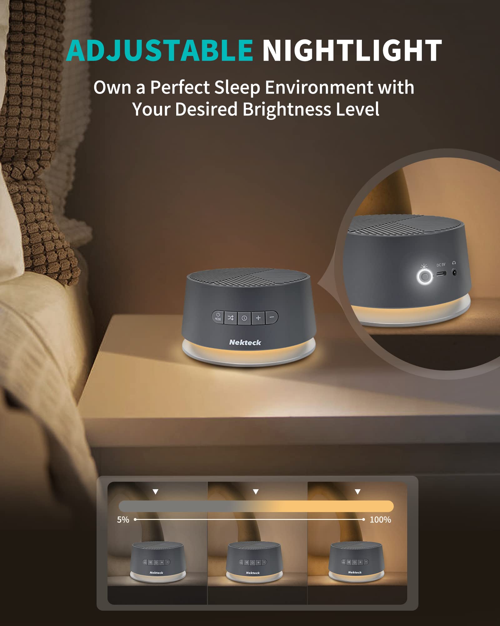 Nekteck White Noise Machine with 36 Soothing Sounds, for Sleeping and Relaxation, Night Light, Auto-Off Timer & Memory Function, Adjustable Volume for Baby, Kids, and Adults