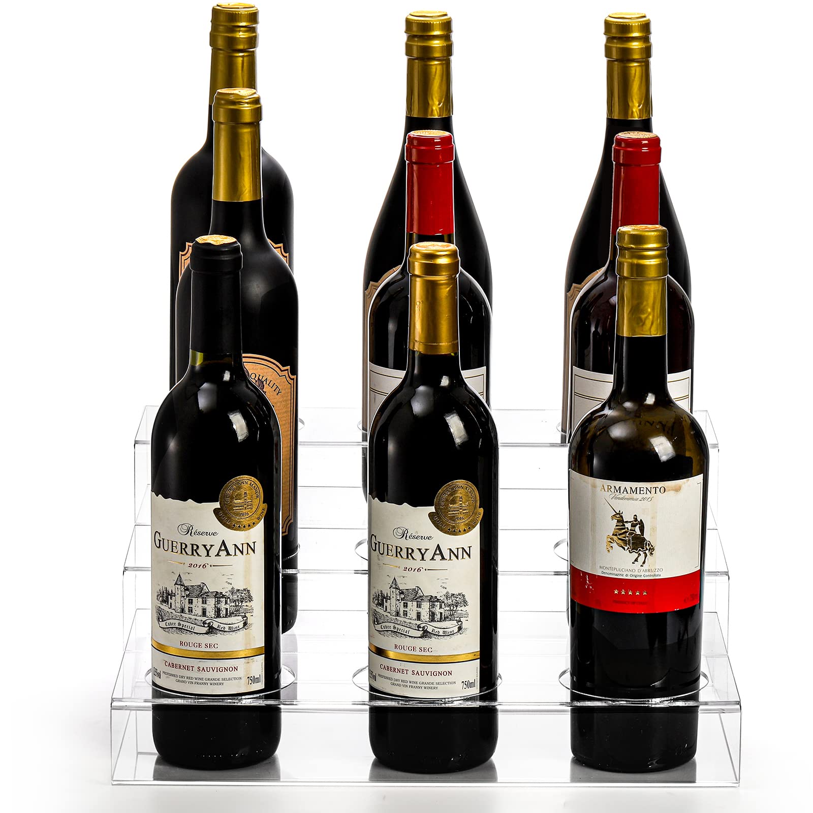 Frcctre 3 Tier Acrylic Wine Bottle Holder, 9 Bottles Coffee Syrup Organizer Rack Wine Display Stand Riser Display Shelf Countertop Tiered Storage Holder for Wine, Champagne, Coffee Syrup