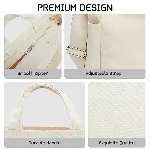 Plusfeel Canvas Tote Bag, Stylish Satchel Bag Lightweight Cotton Cross Body Top Zipper Closure Handbags for Women White