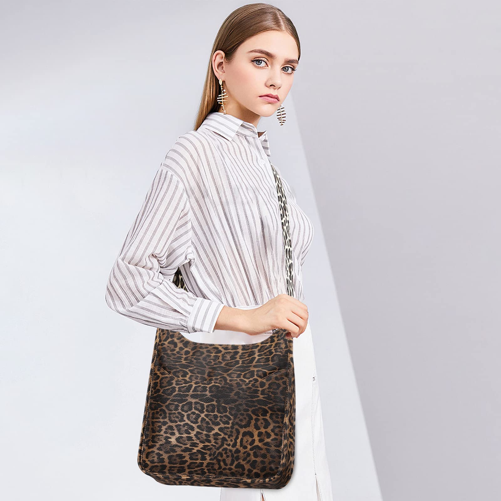 Hobo Handbags for Women PU Leather Designer Shoulder Purse Wide Strap Crossbody Bags (Brown Leopard)