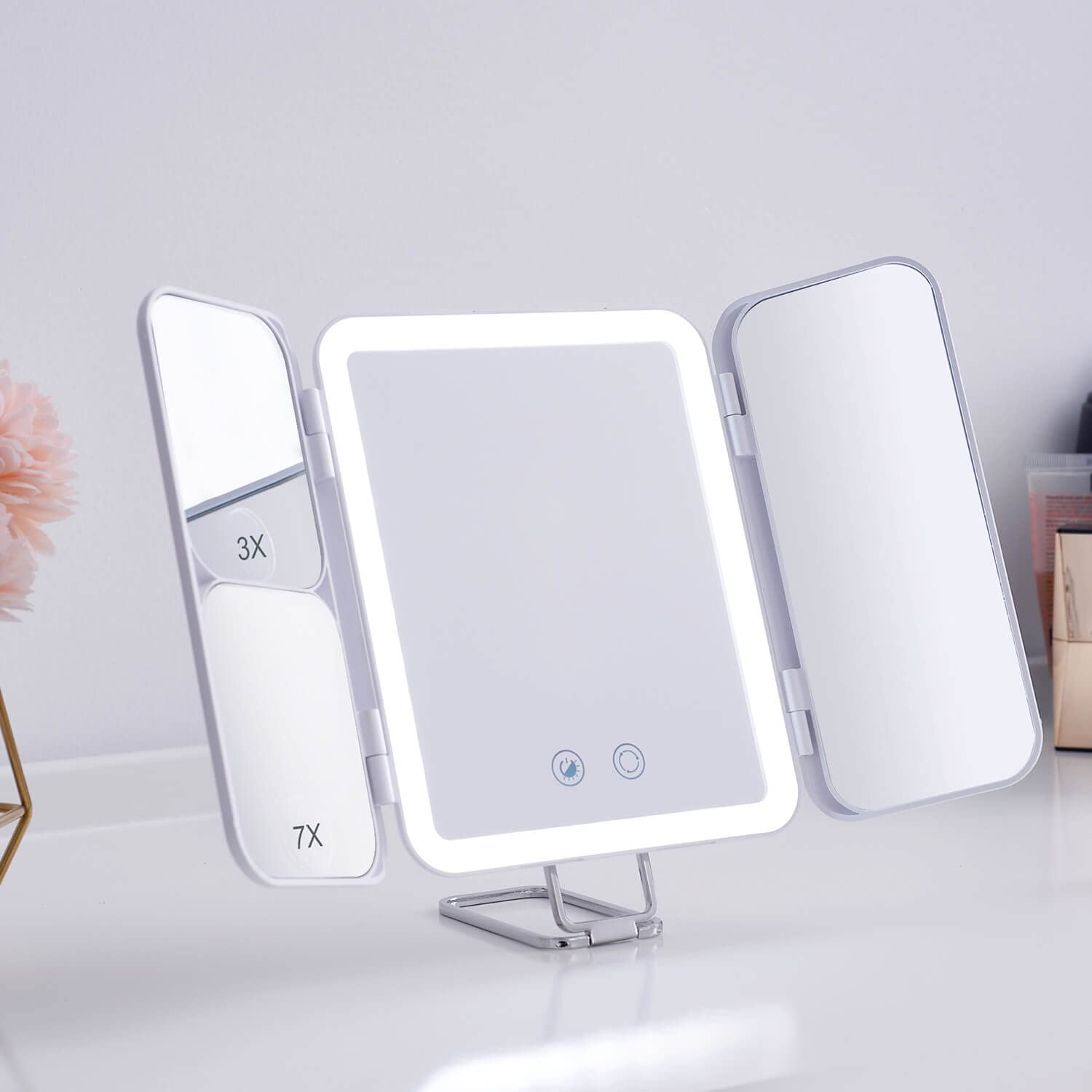 Lighted Travel Makeup Vanity Mirror - 5x6 Inches Tri-fold Mirrors with 3X/7X Magnification,3 Color Light, LED Lights and Touch Control,Adjustable Stand for Tabletop,Office,Travel,Gift (White)