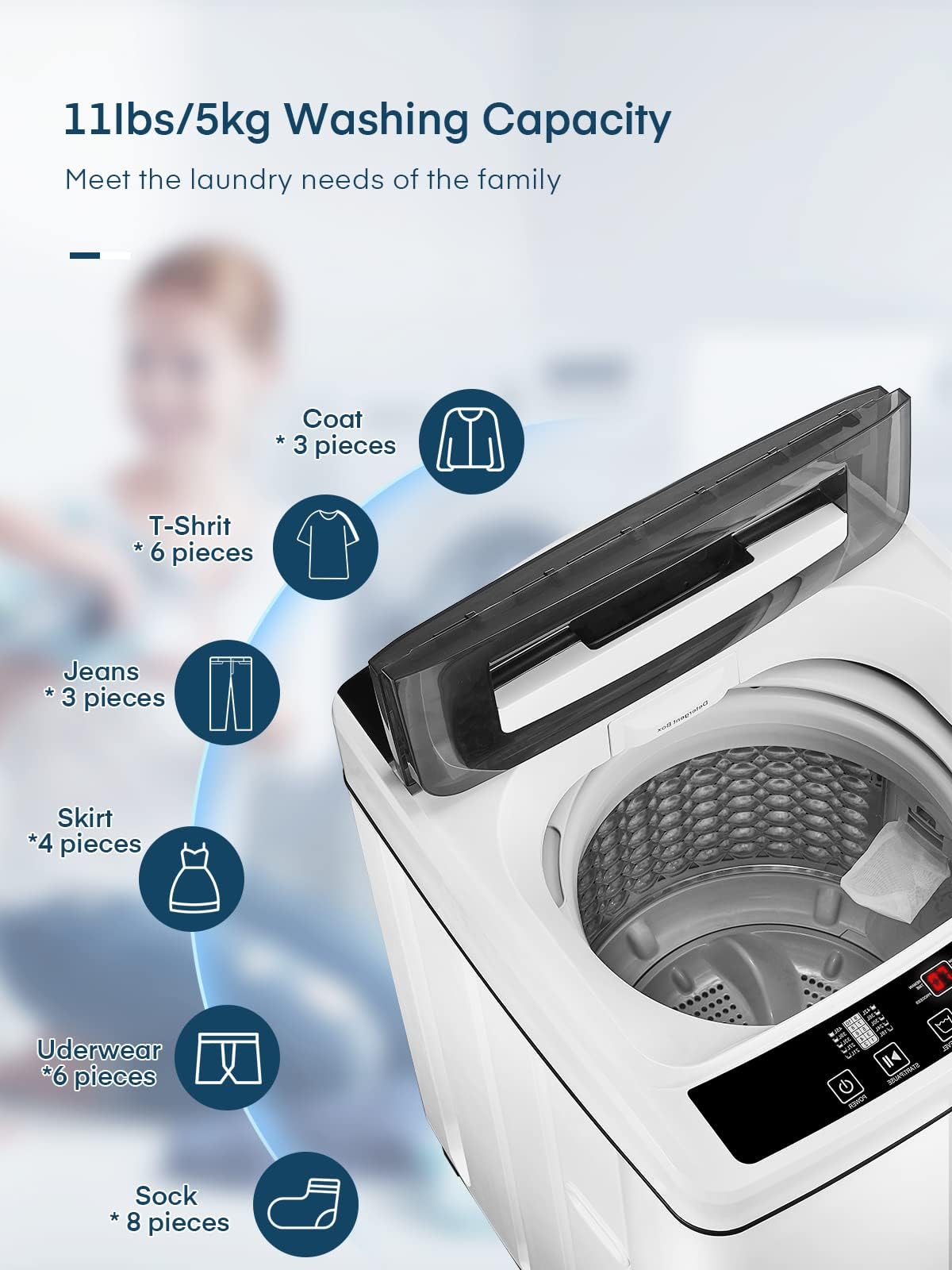 Portable Washing Machine 1.5 Cu.Ft, FOHERE 11lbs Compact Washer with Spinner Combo, 8 Programs, Includes Quick Connect Sink Adapter and Drain Hose, for Apartments, RVs, Dorms