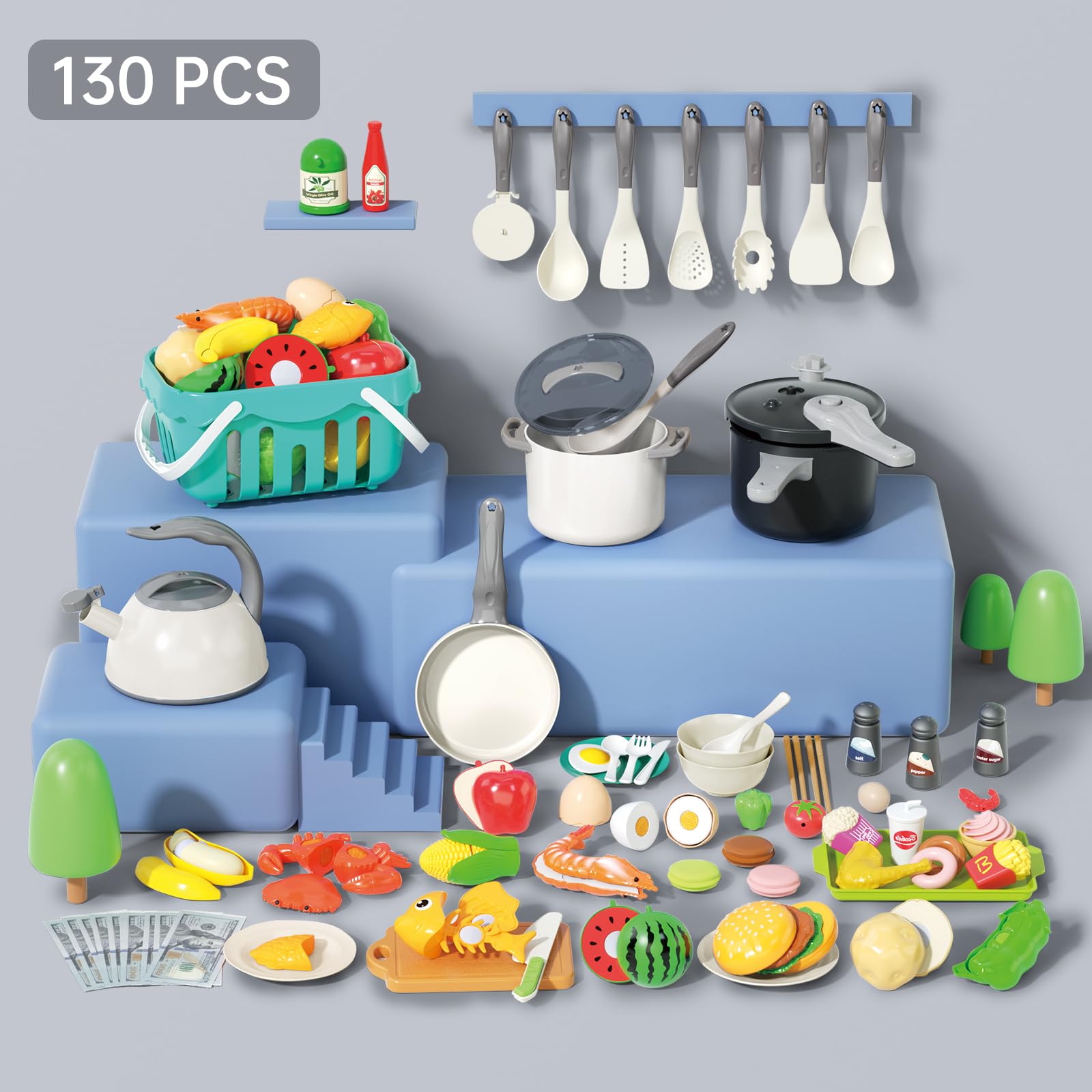 Funpynani 130Pcs Kitchen Playset, Toddler Pretend Cooking Play Pots, Pans, Utensils Cookware, Daily Food Fruit Veges, Shopping Storage Basket, Dessert, Prop Money, Learning Gift for Child (White)