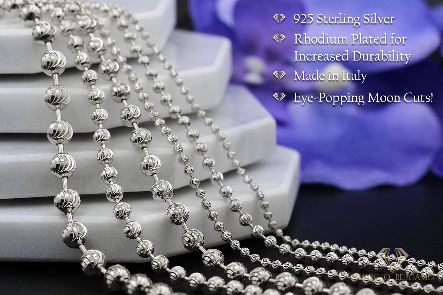 Giorgio Bergamo 925 Italian Sterling Silver 2.5mm Ball Bead Moon Cut Chain, Rhodium Dog Tag Solid Necklace, (24)