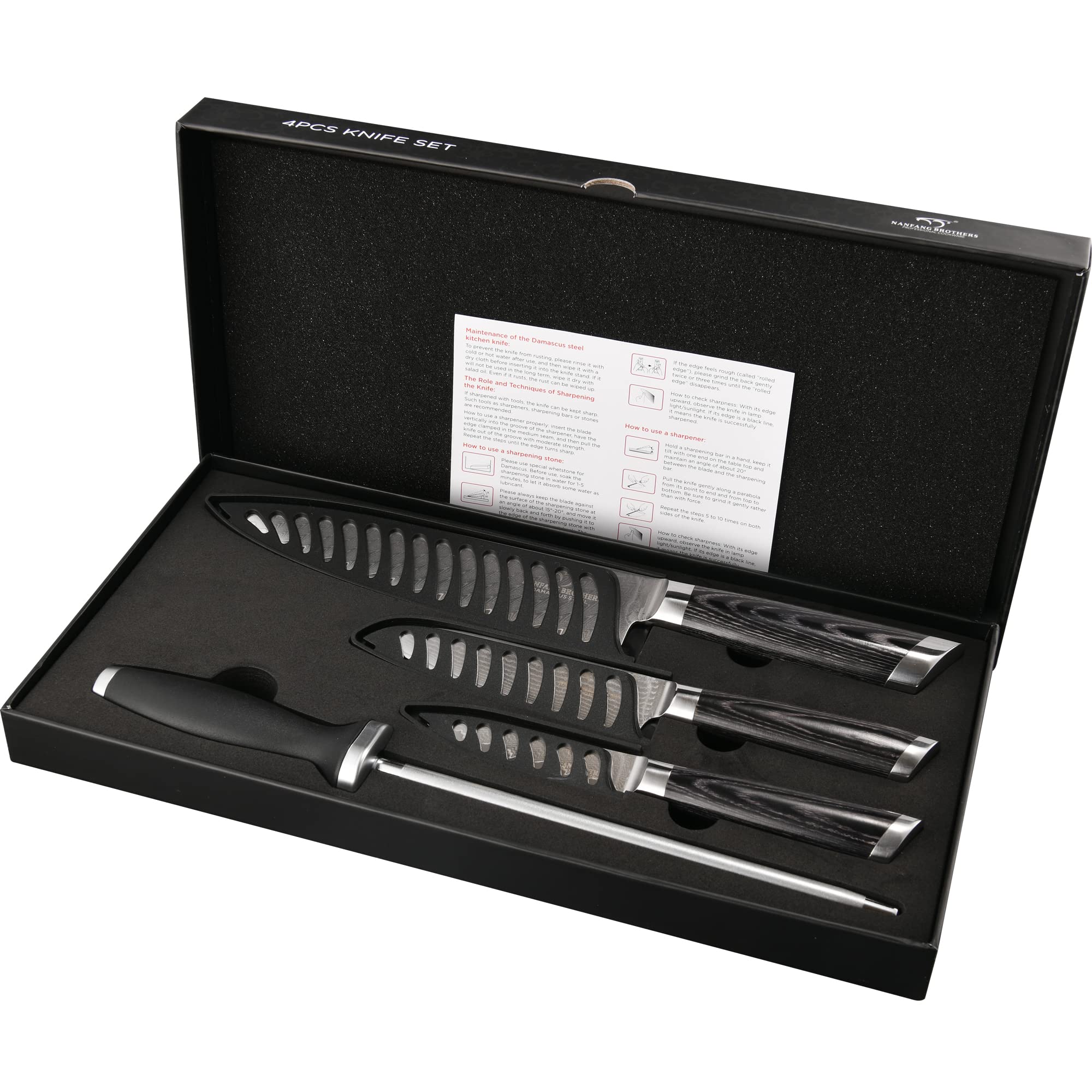 NANFANG BROTHERS Damascus Knife Set 4 PCS, Japanese Knife Set, Chefs Knife Sets Professional, Kitchen Knife Set, 8" Chef Knife, 5" Santoku Knife, 3.5" Paring Knife and Sharpener