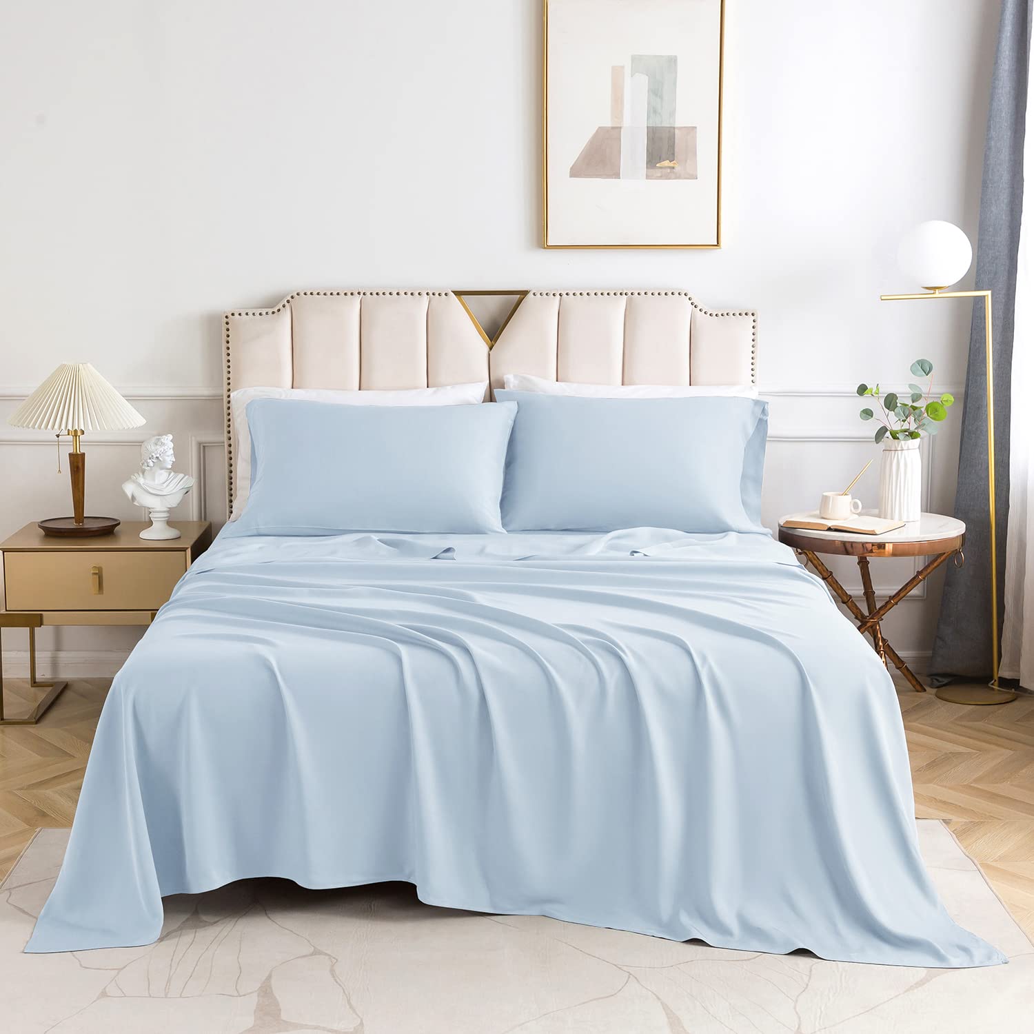 HENGWEI Bed Sheets Full Size, Viscose Sheets Set for Bed, Summer Cooling Bed Sheets, Silky Soft Breathable 4 Piece with 17" Deep Pocket Luxury Silky Feel Hotel Bedding, Baby Blue