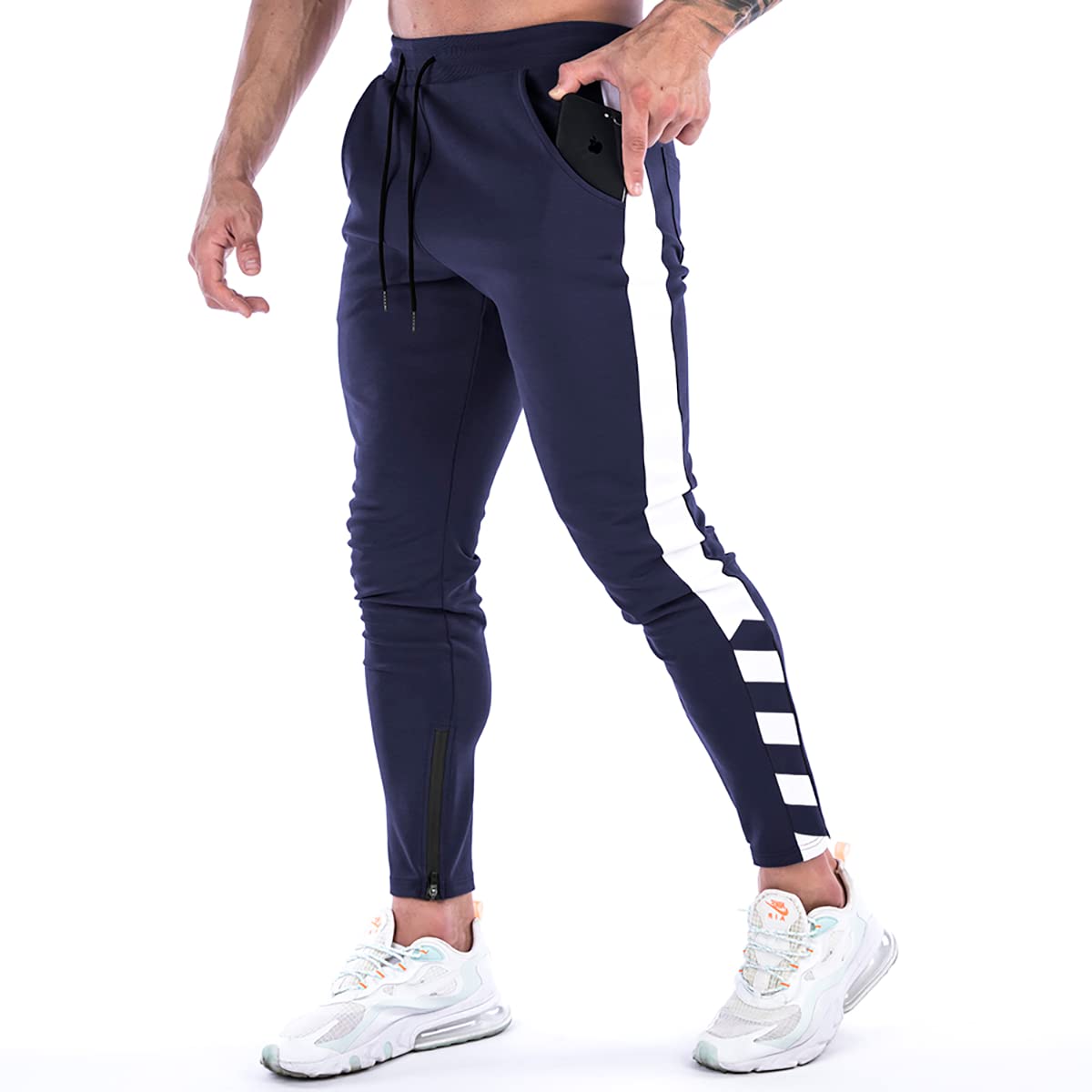 GINTPK Men's Track Pants,Slim Fit Athletic Sweatpants Joggers with Zipper Pockets Yoga Running Workout Pants Navy L
