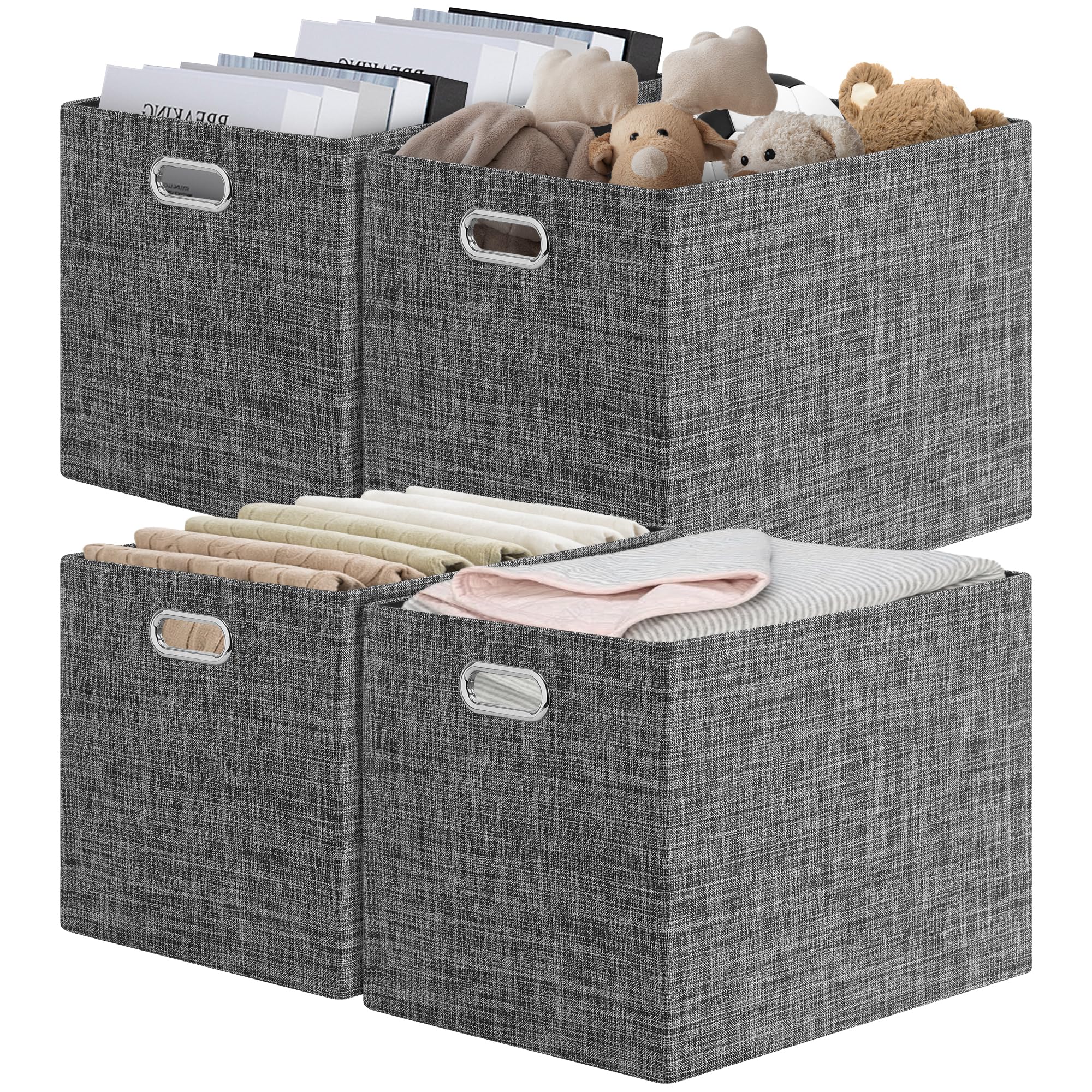 Posprica 15x12x12 Storage Cube Bins, Linen Decorative Closet Storage Organizer for IKEA Kallax, 4 Pack Fabric Foldable Large Storage Baskets for Closet, Shelves, Clothes, Toy (Black)