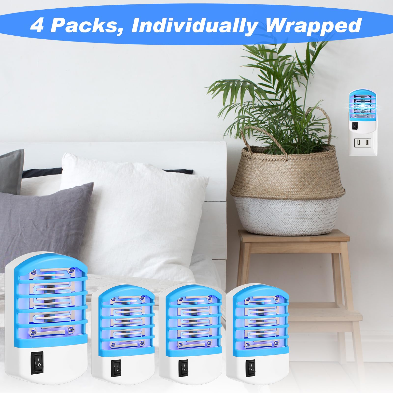 Qualirey Bug Zapper Indoor Plug in Mosquito Indoor Insect Electric Mosquito Fly Zapper Electronic Mosquito with LED Light for Home Kitchen Bedroom Baby Office (4 Pcs)