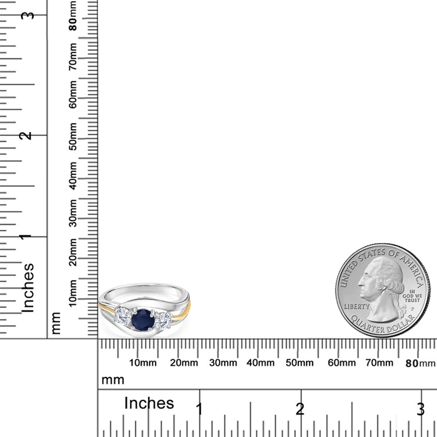 Gem Stone King 925 Sterling Silver and 10K Yellow Gold Round Blue Sapphire and White Lab Grown Diamond 3 Stone Ring For Women (1.14 Cttw, Available In Size 5, 6, 7, 8, 9)