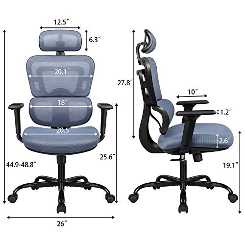 Furmax Ergonomic Office Chair Computer Desk Chair Mesh Fabric High Back Swivel Chair with Adjustable Headrest and Armrests Executive Rolling Chair with Curved Lumbar Support (Gray)