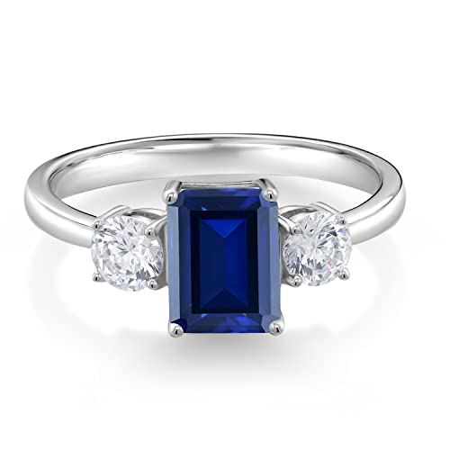 Gem Stone King 925 Sterling Silver Blue Created Sapphire 3-Stone Women Engagement Ring (2.00 Cttw, Emerald Cut 8X6MM, Available In Size 5, 6, 7, 8, 9)