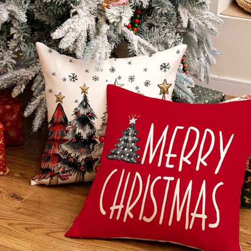 GEEORY Christmas Pillow Covers 18 x 18 Inch Set of 4, Snowflake Xmas Tree Present Merry Bright Holiday Decor Decorative Throw Cushion Cases Winter Decoration for Home Party Sofa Couch (Red)