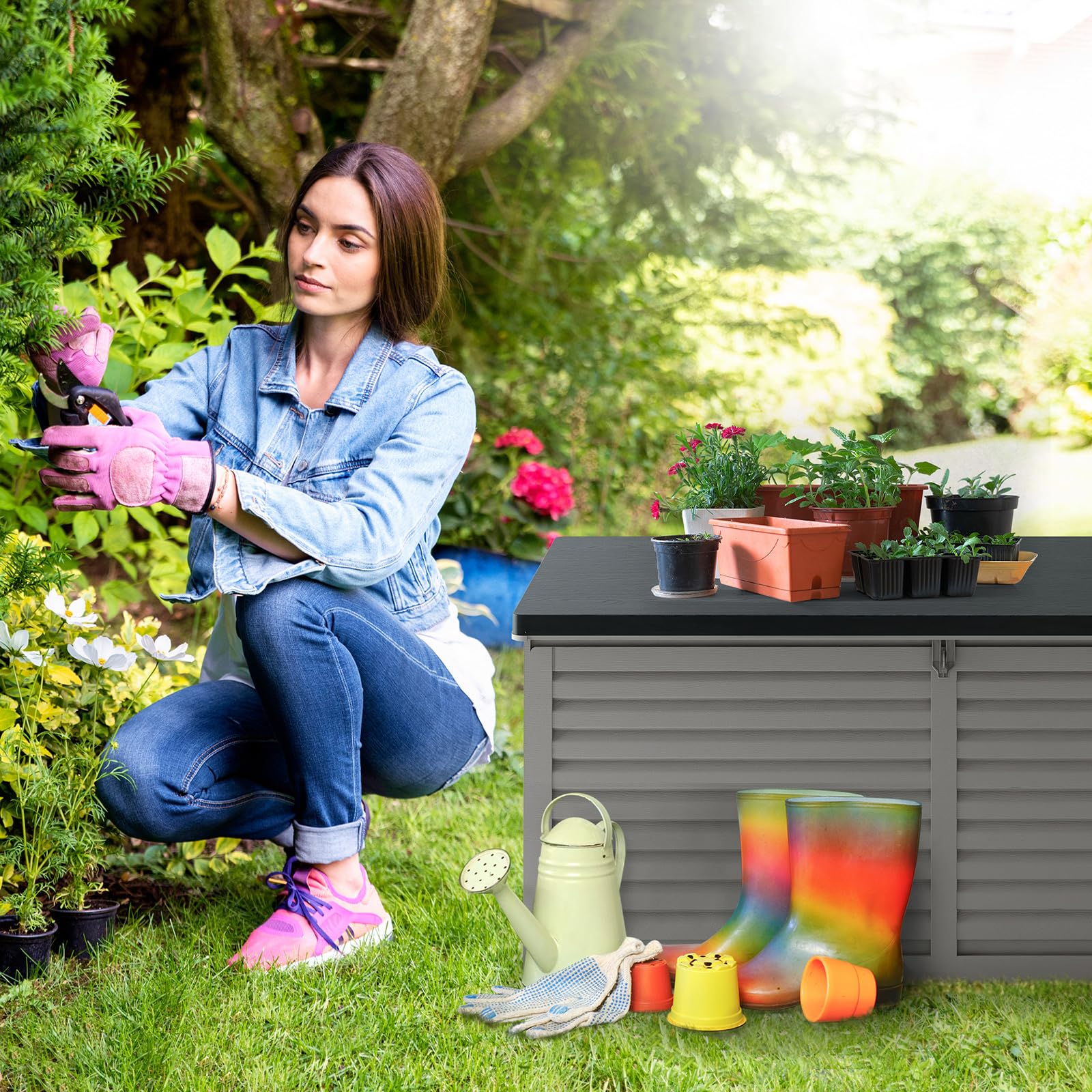 SEGMART 130 Gallon Outdoor Storage Box, Waterproof Lockable Deck Box, Equipped with Handles, Easy to Move, Suitable for Gardens, Yards (Gray)