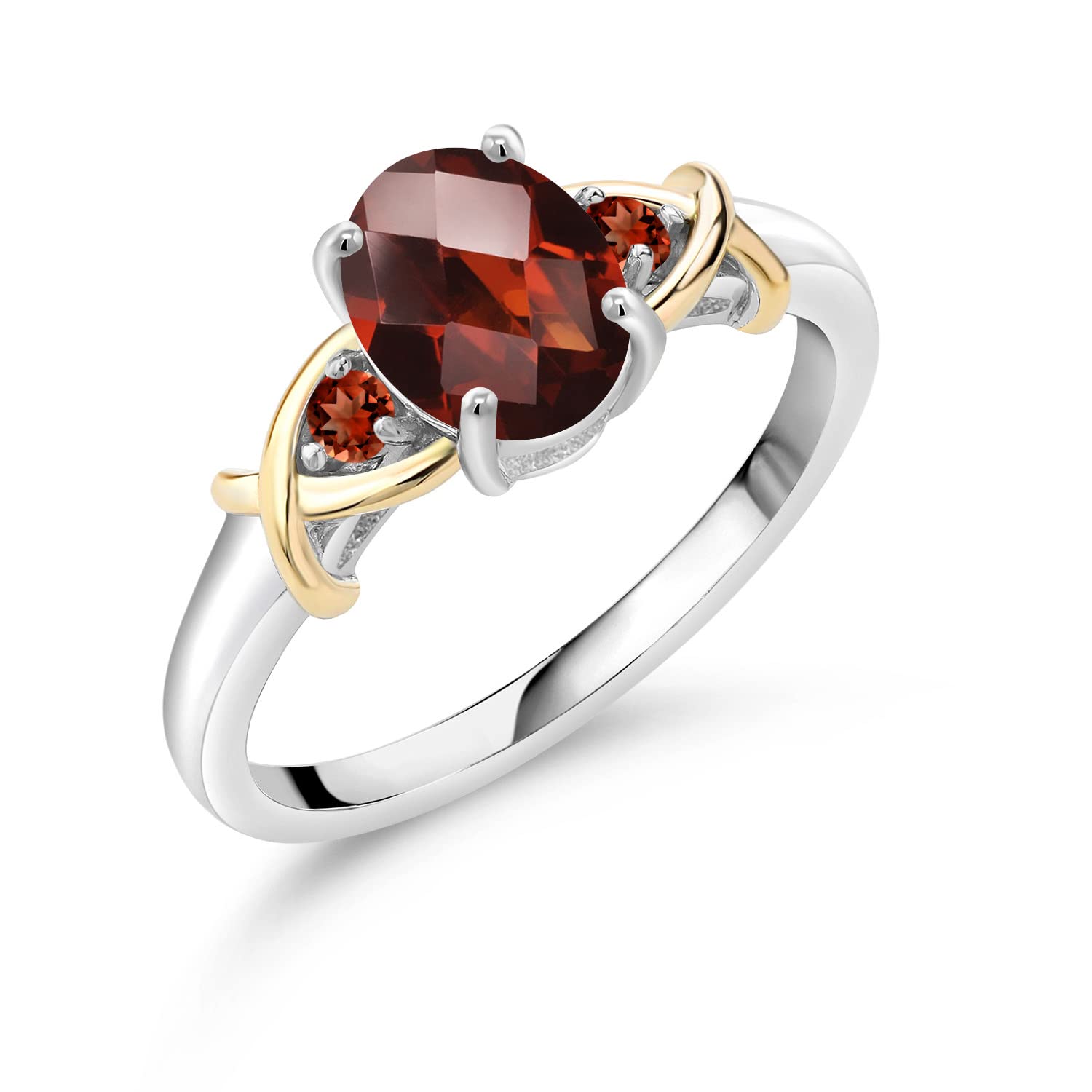 Gem Stone King 925 Silver and 10K Yellow Gold Oval Checkerboard Red Garnet Ring For Women (1.63 Cttw, Gemstone Birthstone, Available In Size 5, 6, 7, 8, 9)
