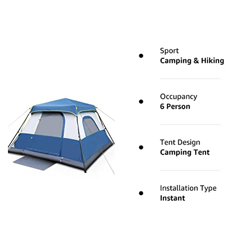 Hitwby Tents, 6 Person 60 Seconds Set Up Camping Tent, Waterproof Pop Up Tent with Top Rainfly, Instant Cabin Tent, Advanced Venting Design, Provide Gate Mat Blue