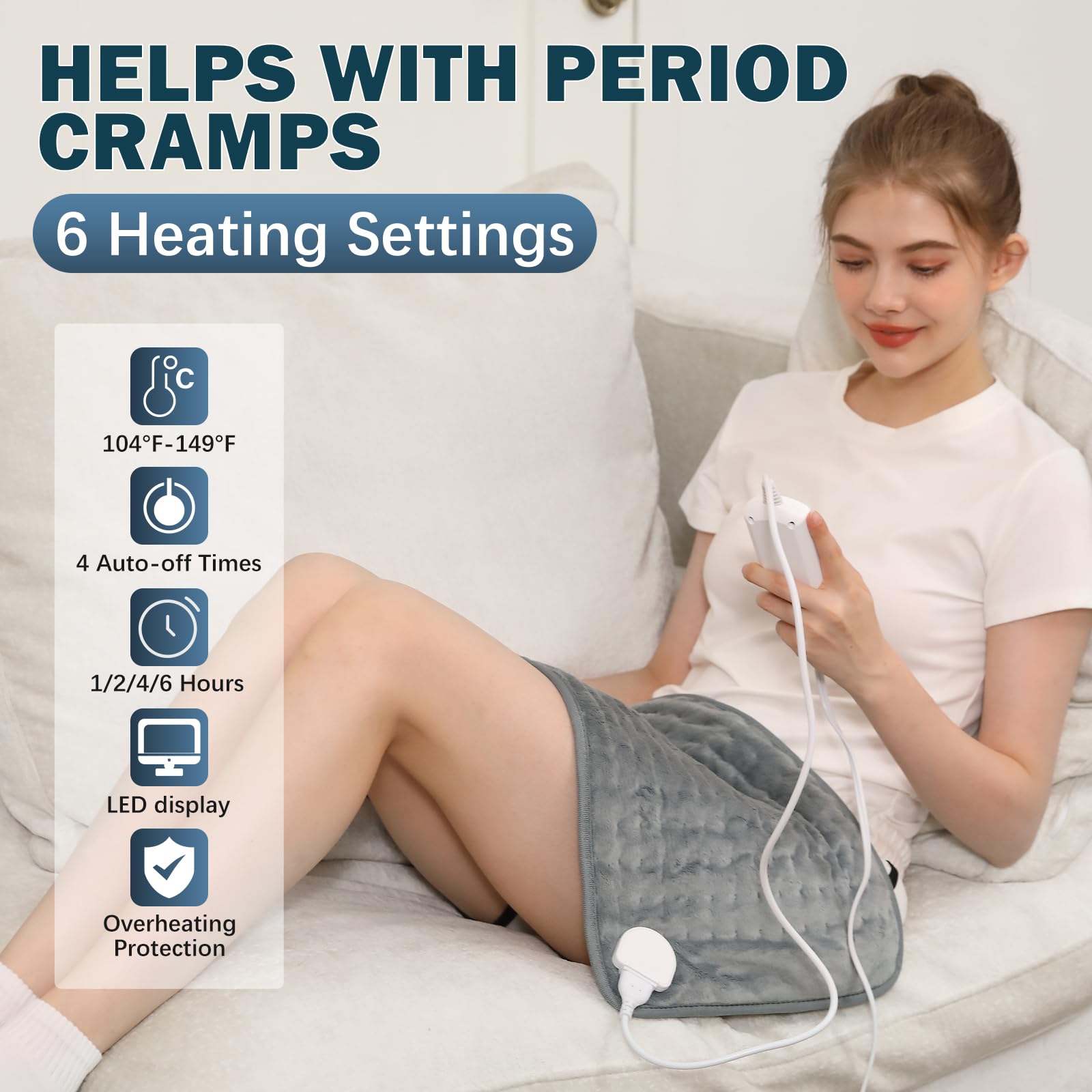 Heating Pad, Electric Heating Pad for Back Pain & Cramps, Neck & Shoulder, DJIOWEUE Heating Pads with Automatic Closing Function, 6 Modes, Wet Heating Option,Christmas Gifts 12''x24'' (Gray)