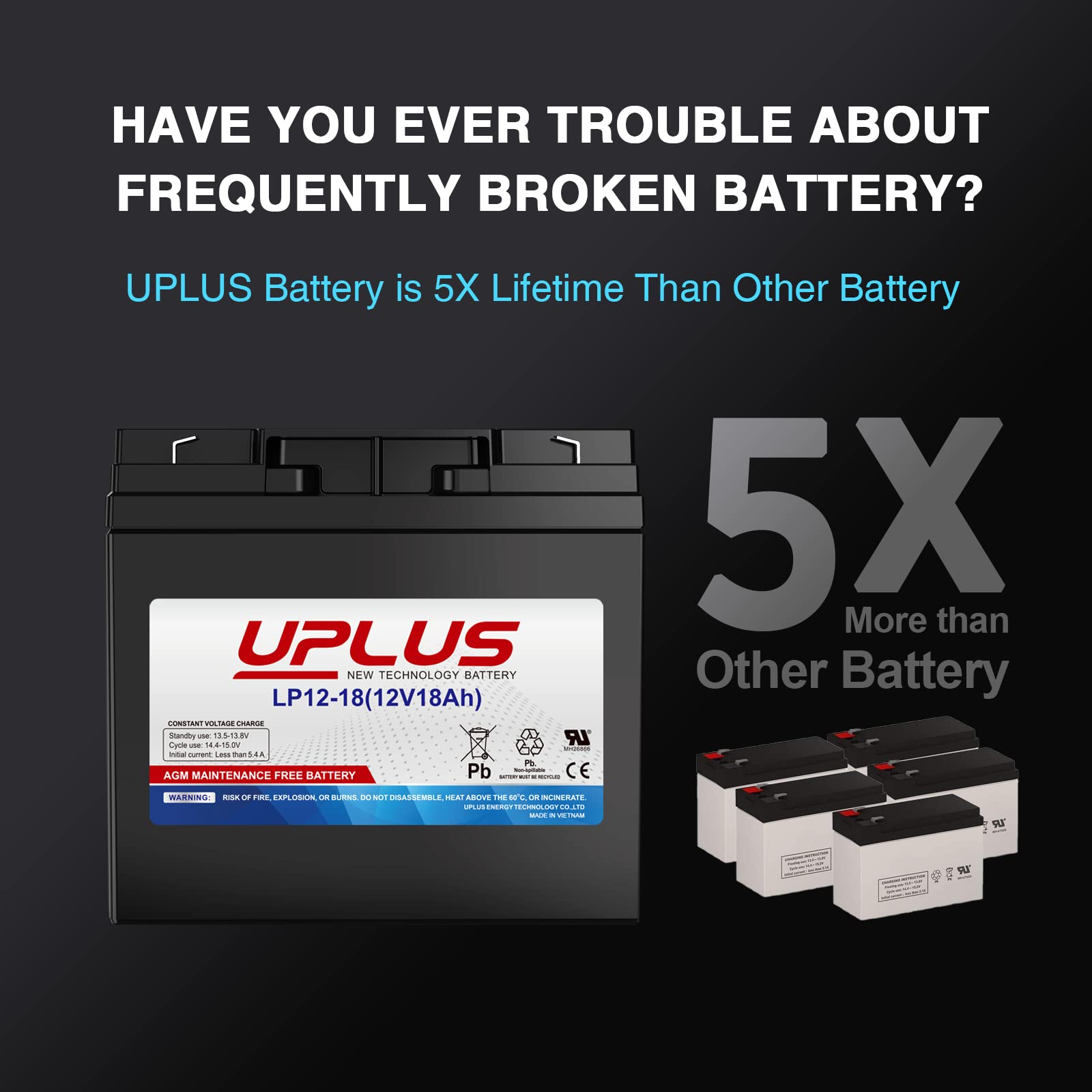 UPLUS 12V 18Ah Rechargeable Sealed Lead Acid Battery - DJW12-18AB SLA AGM Battery with T2 Terminals for Garage Doors, Security Systems, Burglar Alarms, Fire Alarms, Toys