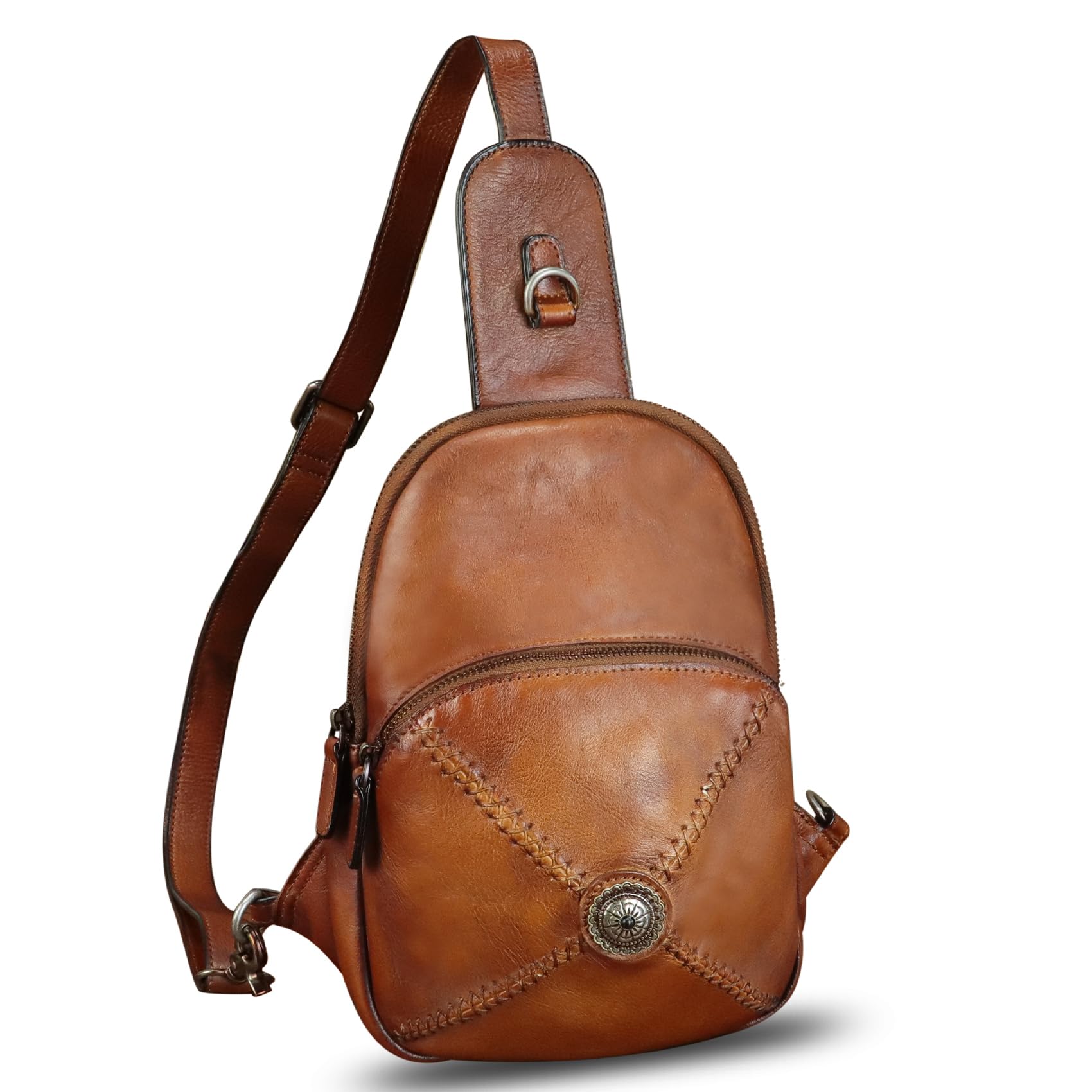 Genuine Leather Sling Bag for Women Sling Backpack Retro Chest Shoulder Vintage Handmade Hiking Crossbody Purse (Black)