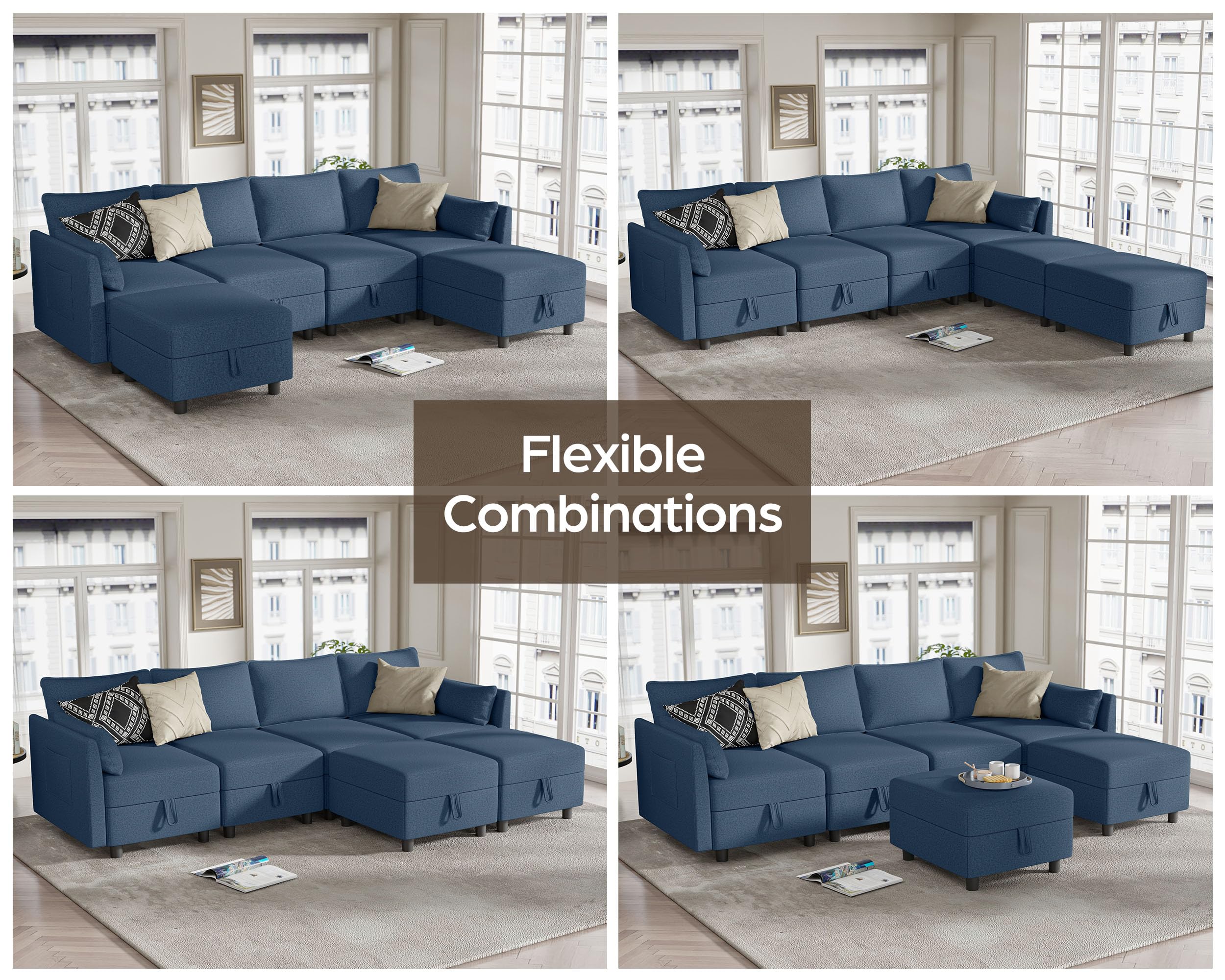 SEJOV Modular Sectional Sofa, U Shaped Couch with Storage, 6 Seat Convertible Sectional Couch with Deep Seat 30" D Ottoman, Modular Sectionals Sofa Couches for Living Room, (Navy Blue)