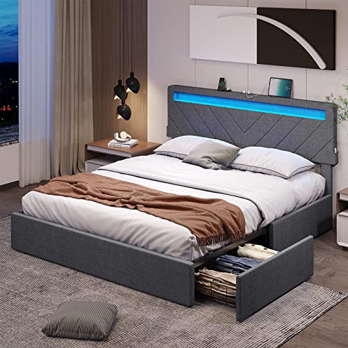 Tiptiper Full Size Bed Frame with LED Headboard, 2 USB Charging Station, Platform Bed Frame with Storage Drawers, No Box Spring Needed, Easy Assembly, Dark Grey