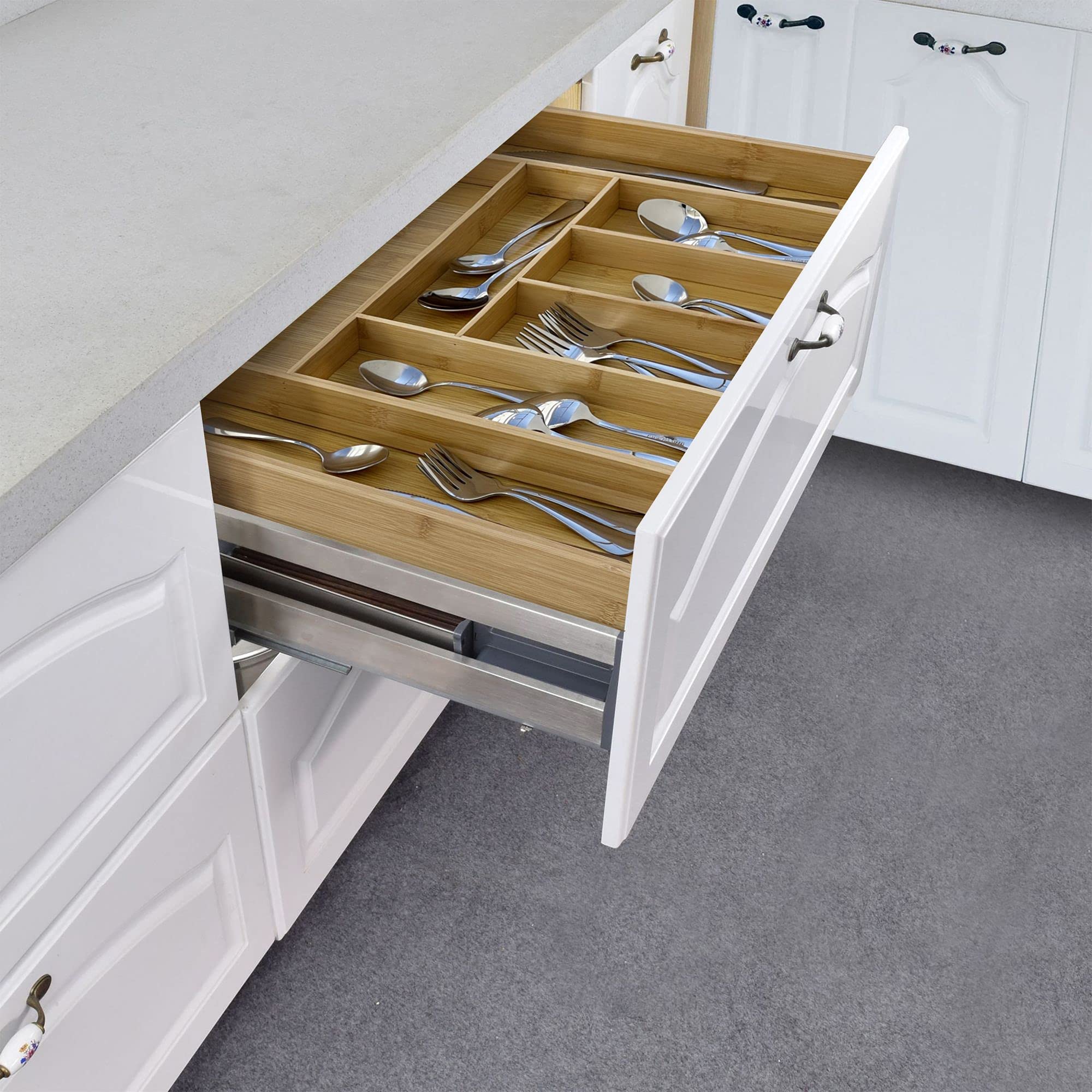 konfuny Bamboo Kitchen Drawer Organizer for Utensils Silverware Holder- Perfect Size Adjustable Cutlery Tray,Drawer Dividers for Flatware and Kitchen Utensils(6-8 Slots)