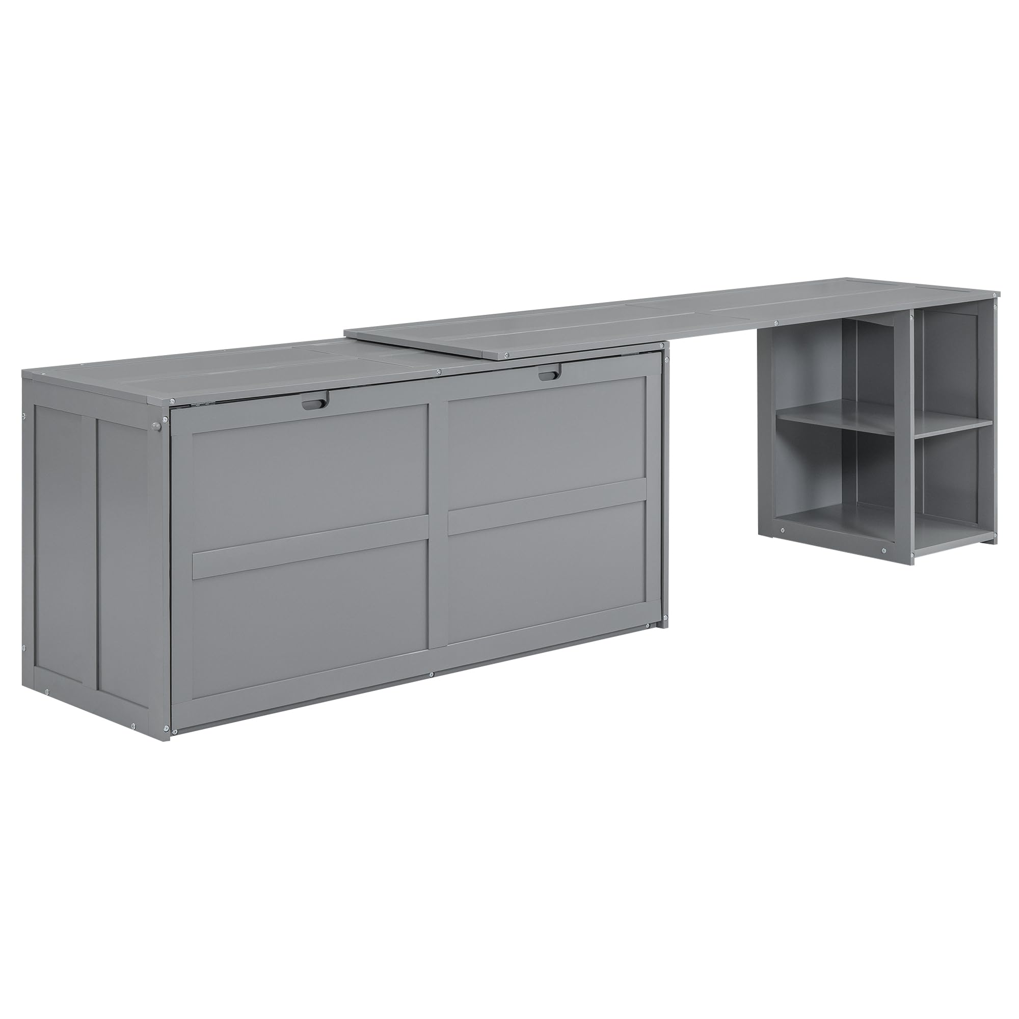 FurniFusion Queen Size Murphy Bed with Rotable Desk and Shelves, Space-Saving Foldable Chest Platform Bedframe, Hiddenbed Cabinet for Multipurpose Guest Room Home Office Bedroom, Gray