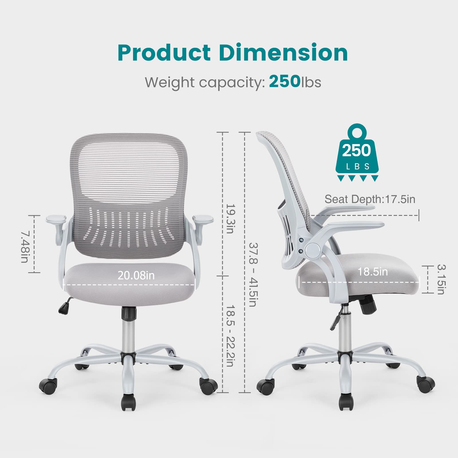 edx Office Computer Desk Chair, Mid-Back Ergonomic Mesh Rolling Work Swivel Task Chairs with Wheels, Comfortable Lumbar Support, Comfy Flip-up Arms for Home, Bedroom, Study, Student, Grey