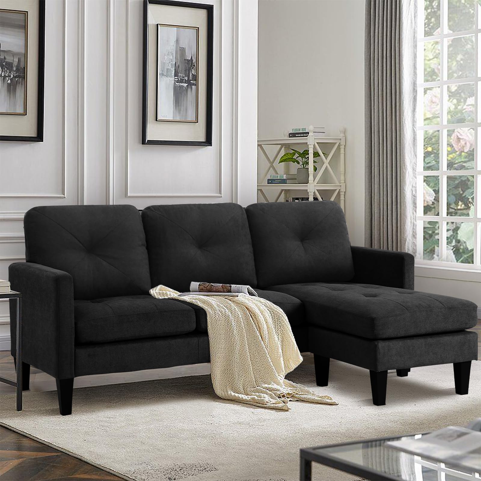 TOBYUL L-Shaped Couch with Reversible Chaise,Convertible Sectional Sofa Couch,Modular Couch Set,Living Room Furniture Sets,Couches for Living Room Apartment and Small Space (Black)