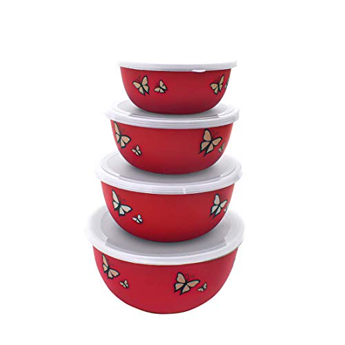 King International Microwave Safe Stainless Steel Red Designer Round Airtight Lid Food Storage Containers Set of 4,Stackable Mixing Bowl with Lid, Tiffin, Lunch Box