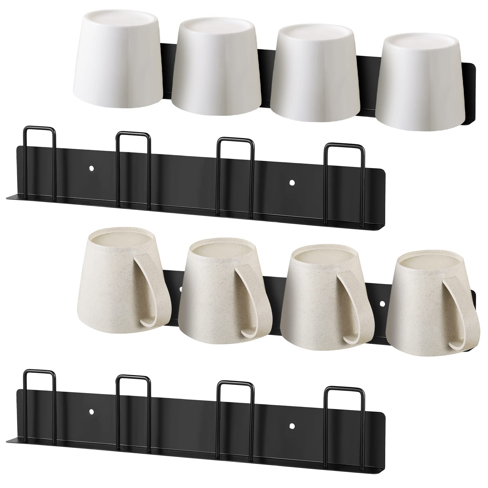 Geetery 4 Pcs Wall Mounted Coffee Mug Holder Black Metal Coffee Mug Rack Mug Hooks for Wall Hanging Coffee Cup Organizer Coffee Mug Hanger with 4 Cup Holders Kitchen Storage Home Office Living Room