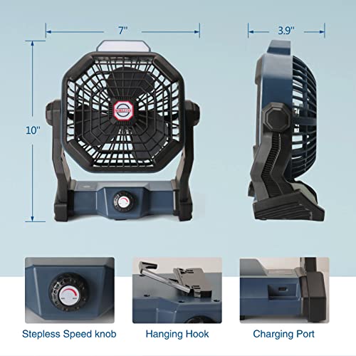 SISMEL Camping Fan Rechargeable, 10400mAh Battery Operated Fan, Ultra Quiet Fan, USB Battery Powered Tent Fan with LED Light and Hook, Stepless Speed, Ldeal for Camp Tents Emergency BBQ