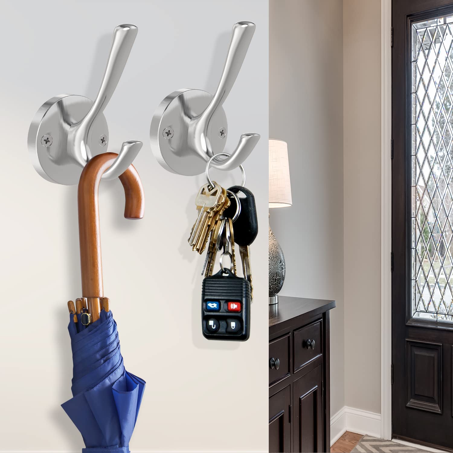 TOFIIGREM Brushed Nickel Wall Hooks Towel Hooks, 2 Pack Coat Robe Hook Heavy Duty Bathroom Double Hook Wall Mounted, Hand Towel Hooks for Closet Entryway Cubicle Kitchen