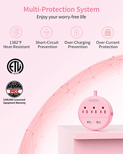 Rose Pink Power Strip with USB, NTONPOWER Flat Plug Extension Cord Nightst&Desktop Charging Station with 3 Outlet &2 USB, Wall Mount, Small Size for Dorm Room Home Office Travel, ,'5 FT Cord