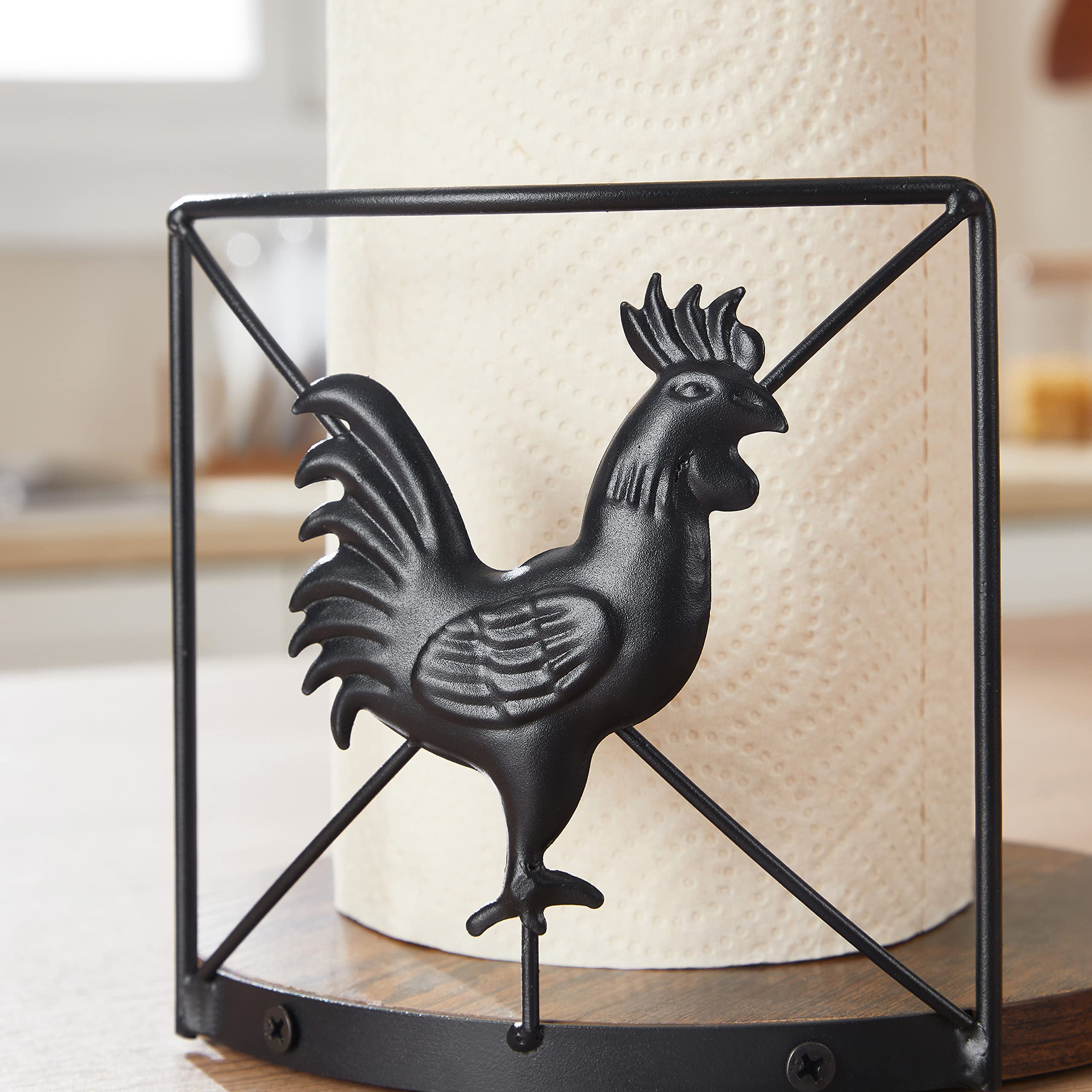 JOIN IRON Rooster Desktop Tissue Holder for Kitchen Roll Organize,Paper Towel Holder Black Kitchen Roll Holder, One-Handed Operation Countertop Roll Dispenser with Weighted Base,