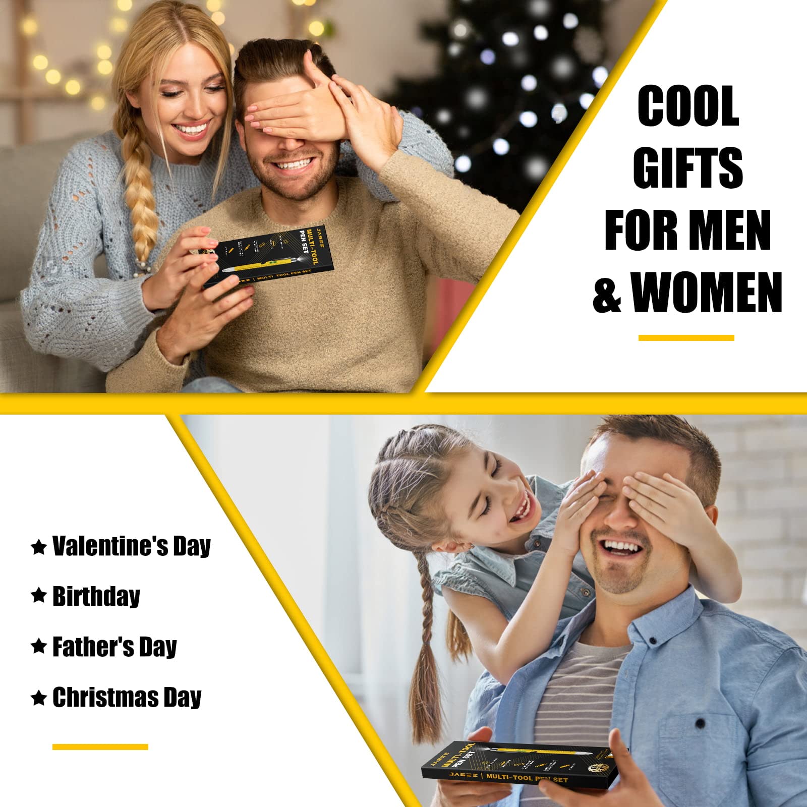 Gifts for Men, 9 in 1 Multitool Pen Set, Cool Gadgets for Men Dad Him Boyfriend Husband Fathers Day Birthday Gifts, Tool Pen with Led Light, Stylus, Screwdriver, Bottle Opener, Ruler, Level(Yellow)