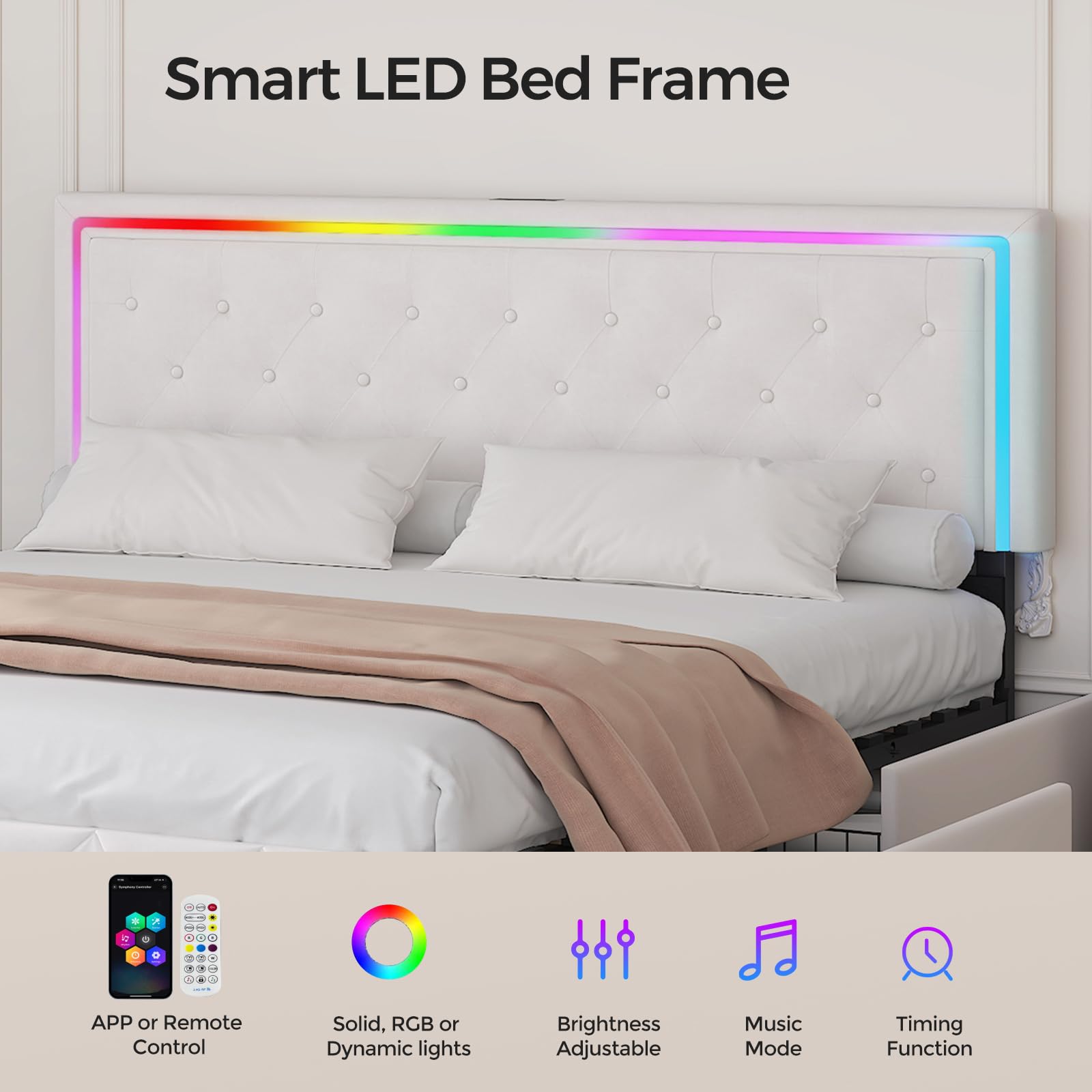 Queen Bed Frame with Adjustable LED Headboard White, Upholstered Metal Platform Bed Frame with 4 Under Bed Storage Drawers on Wheels and Charging Station, No Box Spring Needed, Easy Assembly